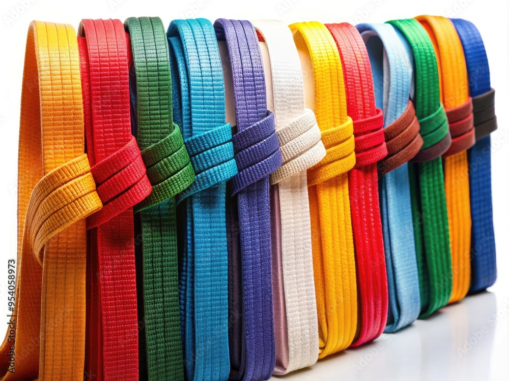 Colorful martial arts belts of varying ranks, neatly arranged on a ...