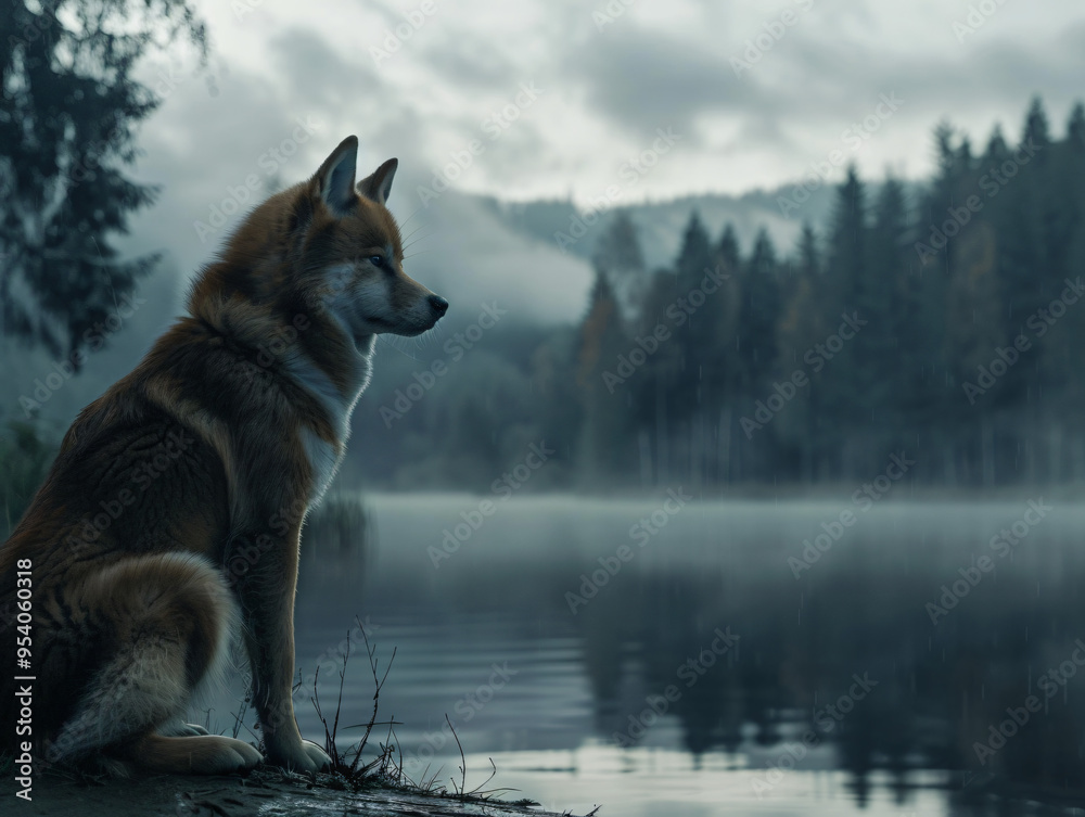 Ainu dog sitting by a serene lakeside, with a misty forest in the ...