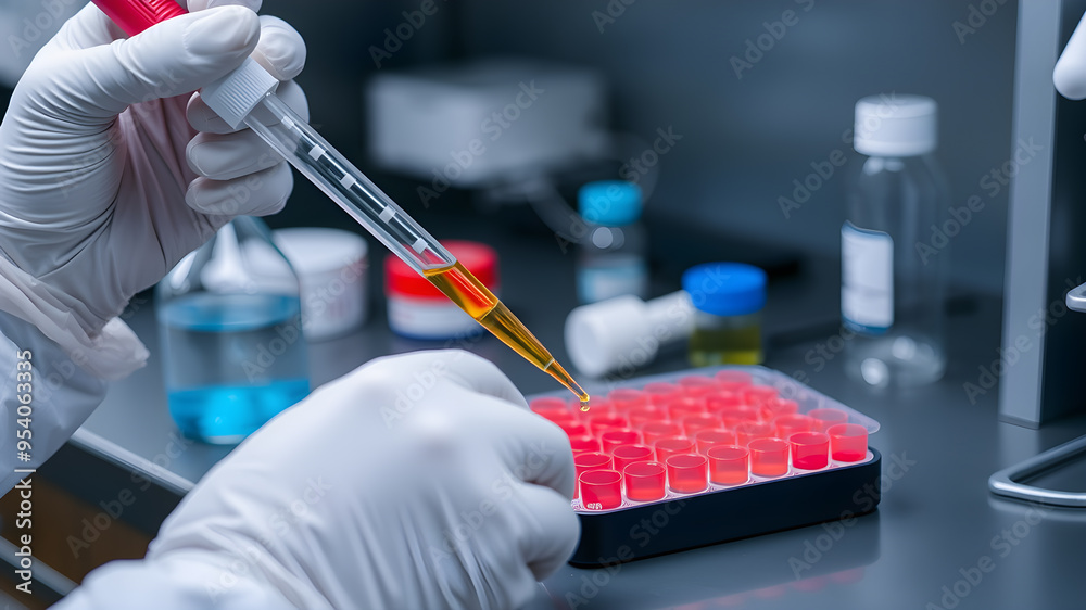 Pipetting the sample into a well plate in a biological research ...