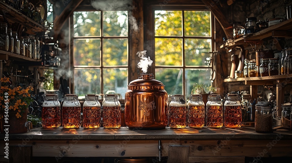 Rustic Home Brewery Setup with Copper Still and Bottled Brew Stock ...