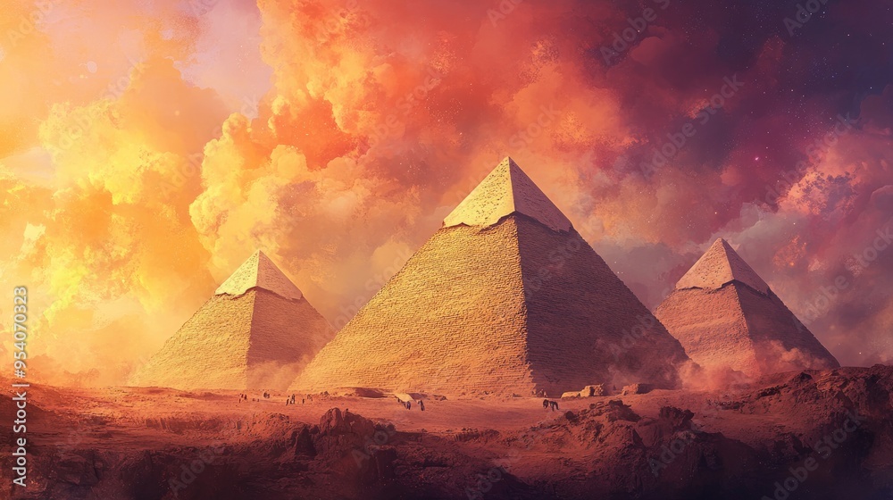 Stone pyramids against a realistic backdrop of rugged mountains and a ...