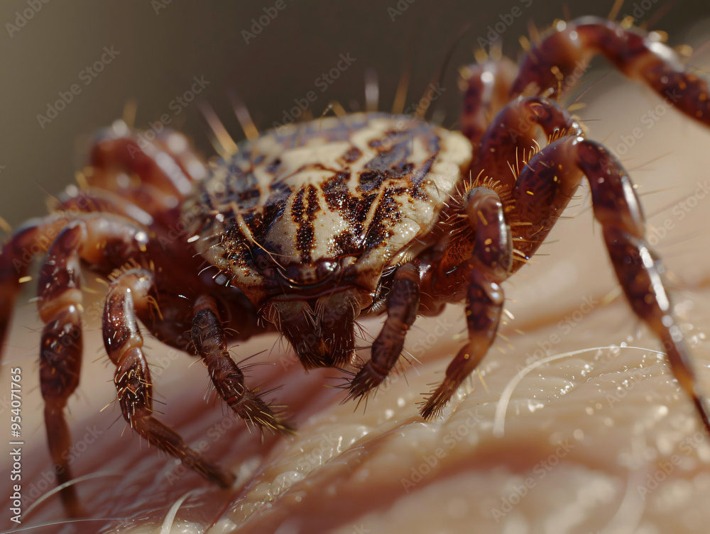 American Dog Tick close-up on human skin, showing detailed textures of ...