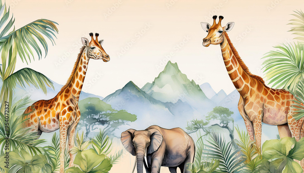 Watercolor Tropical Jungle Animals, Safari Wildlife, Elephant, Giraffe ...