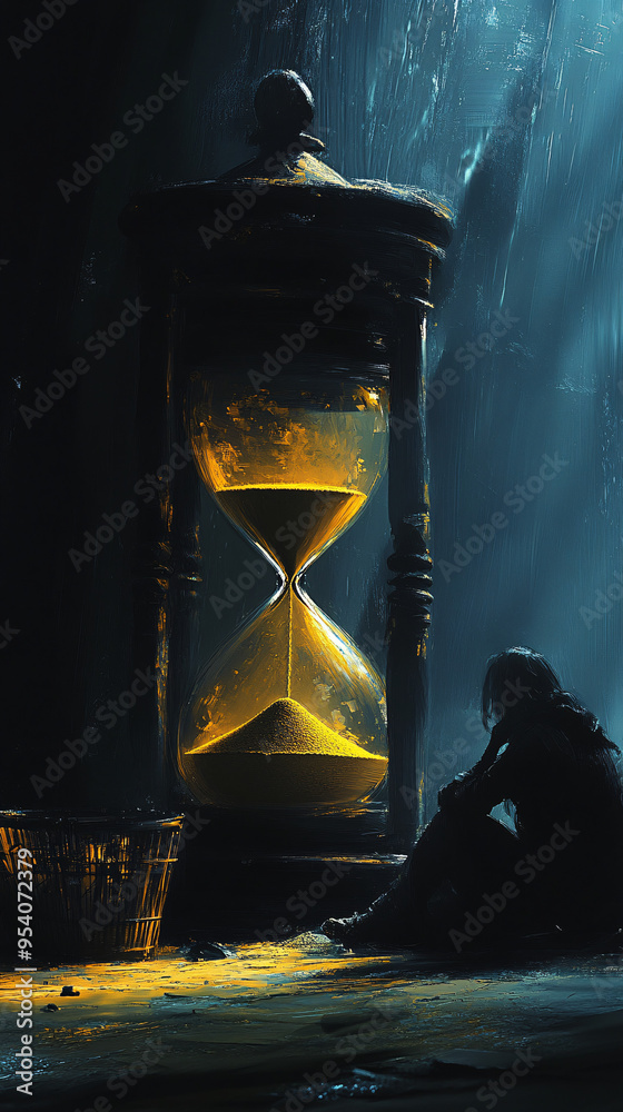Dramatic artwork depicting procrastination with a large hourglass and a ...