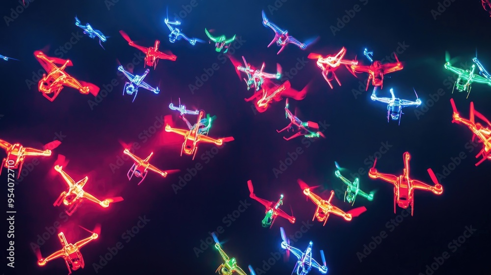 Neon lights from drones forming various patterns in the night sky, with ...