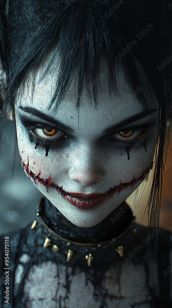 Highly detailed close-up illustration of a creepy young girl with large ...