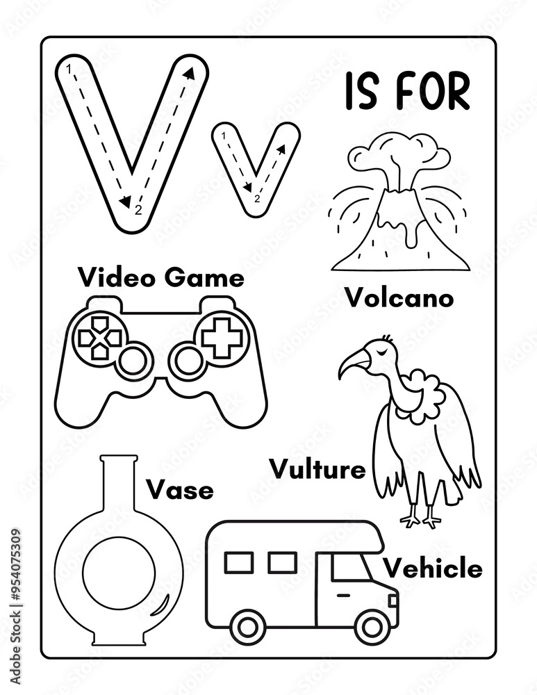 A simple coloring page with the text "V " and an illustration of two ...