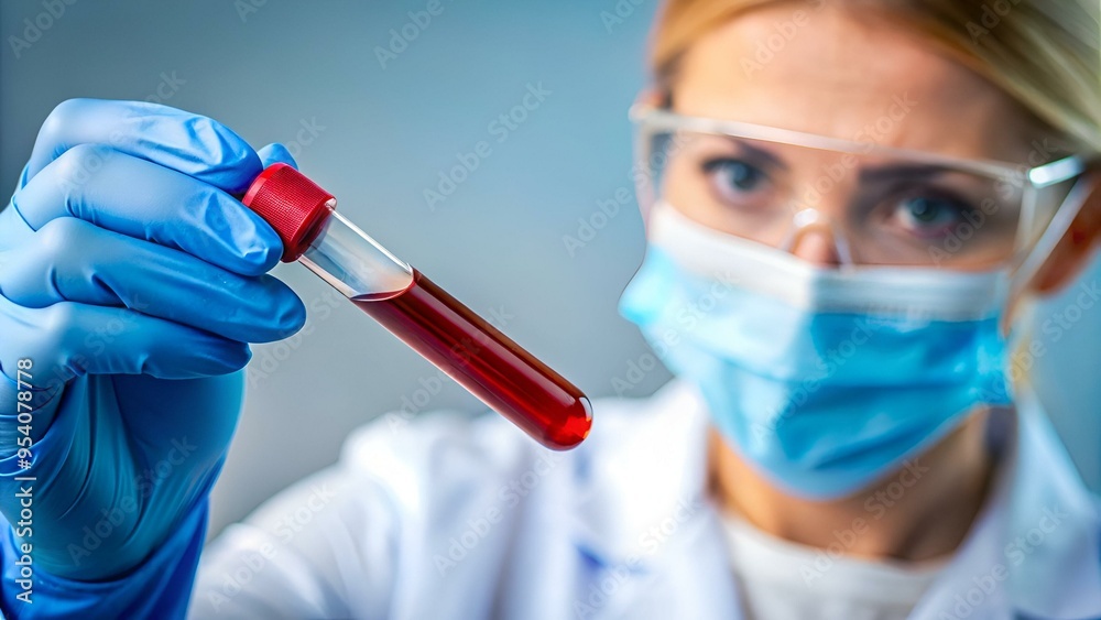 Scientist holding blood sample for 17 oh progesterone test, produced by ...