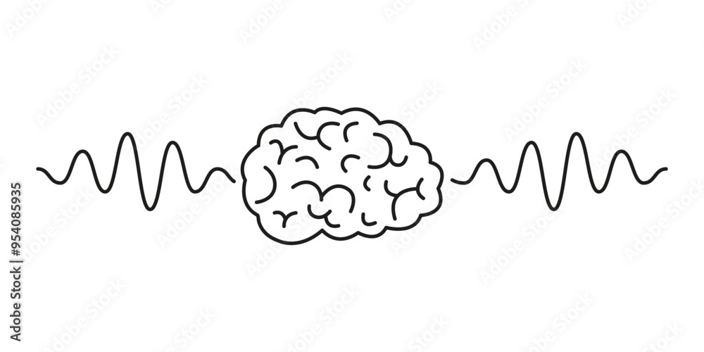 Human brain scan with line wave icon. Pulse wave in study neurology ...