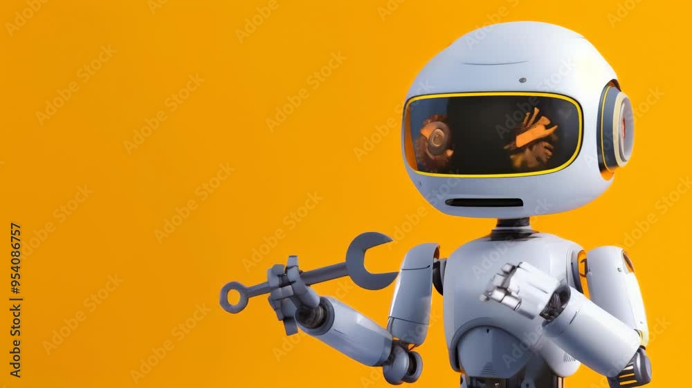Small humanoid robot holding a wrench, set against a bright yellow ...