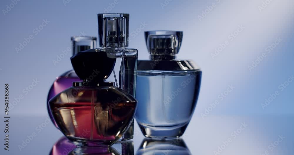Close-up of elegant perfume bottles arranged on a reflective surface ...