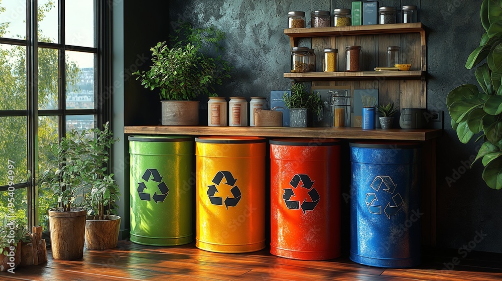 Organized Home Recycling Station with Color-Coded Bins for Paper ...