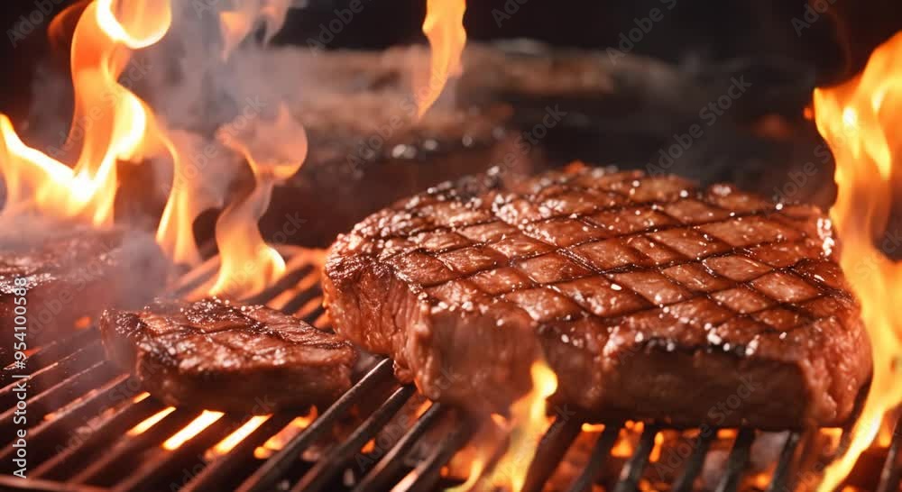 Juicy steak sizzling on the grill with smoke rising captured in ...