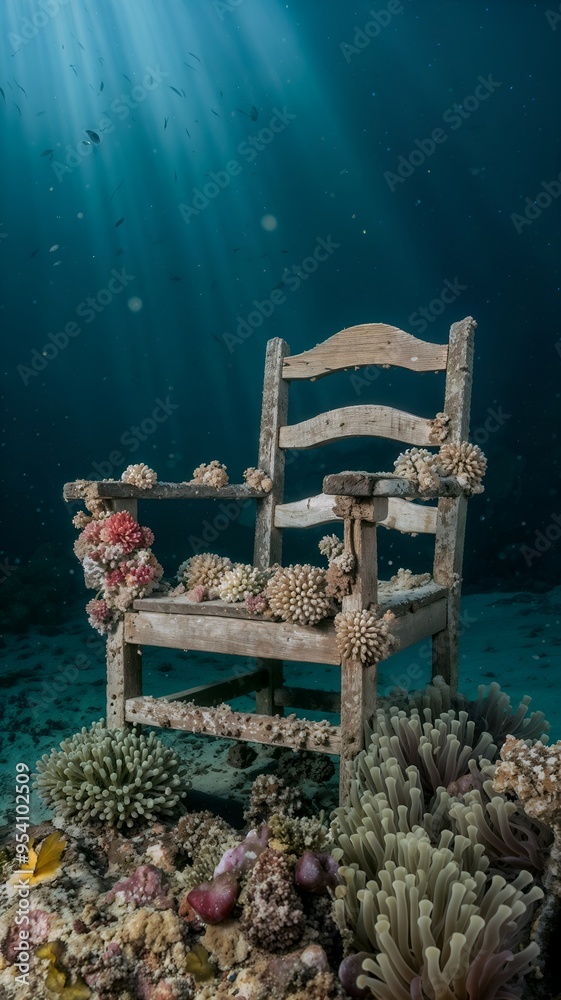 Wooden Chair Underwater: Coral-Encrusted, Sunlit Marine Life Scene ...