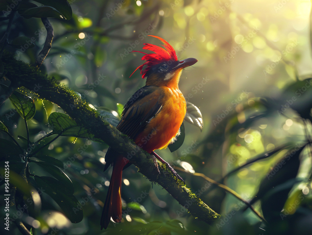 An Amazonian Royal Flycatcher displaying its colorful crest in a dense ...