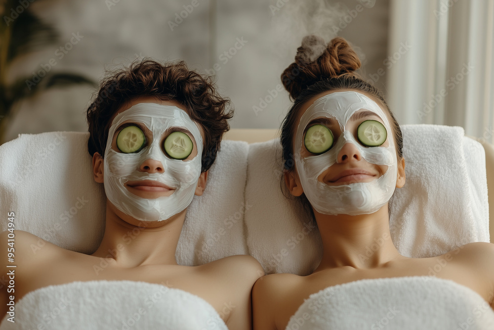 A couple in facial masks and facial steamer, enjoying a relaxing spa ...
