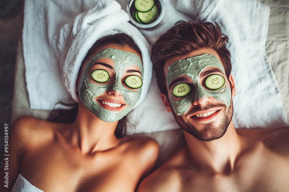 A couple in facial masks and facial steamer, enjoying a relaxing spa ...
