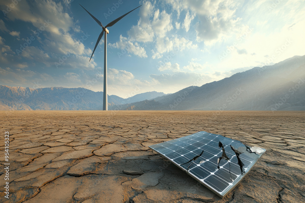 Solar panel lying broken on cracked dry ground with a wind turbine in ...