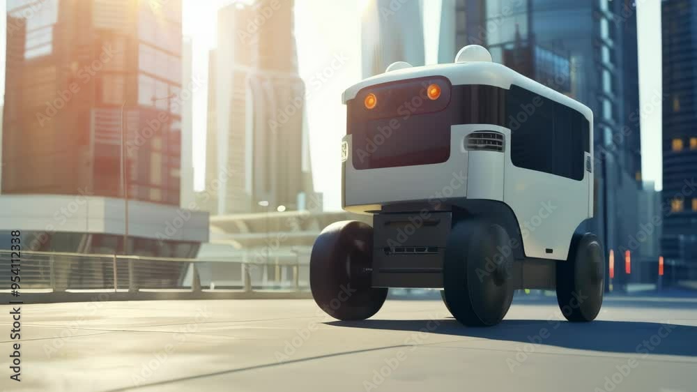 Small delivery robot on wheels in a futuristic city, symbolizing urban ...