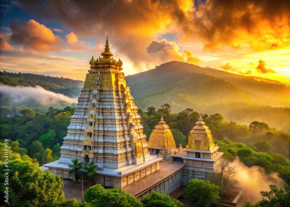 Golden-hued sunset casts a warm glow on the majestic Lord Venkateswara ...