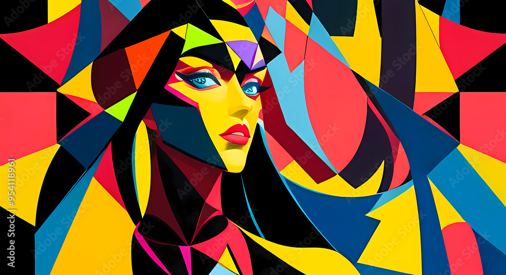 a cubism inspired, painted style illustration -background -in the theme ...