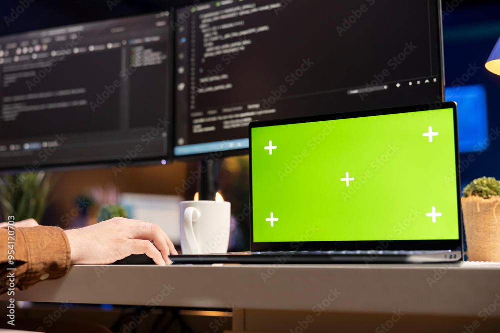 Developer working on isolated screen laptop, futureproofing company ...