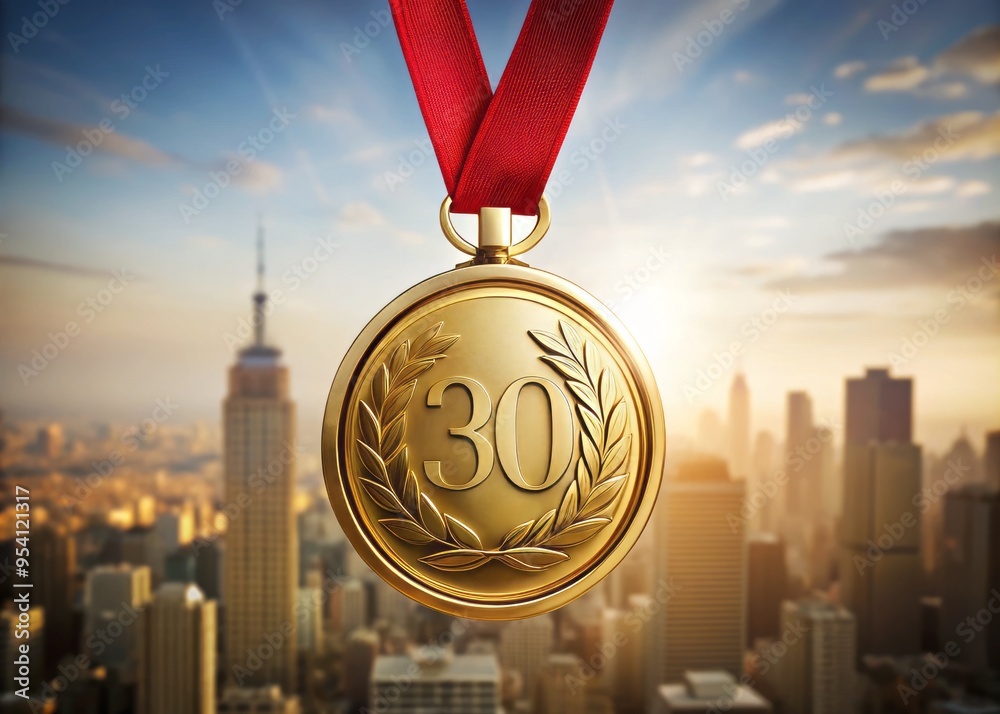 Gold-toned 30,000 milestone medal with a red ribbon hanging against a ...