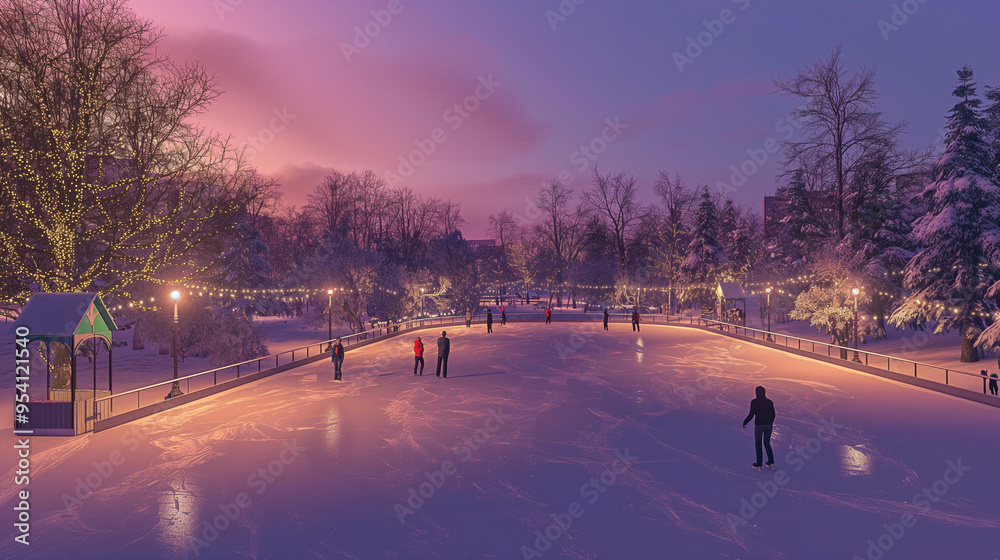 Photorealistic outdoor ice skating rink in a city park surrounded by ...