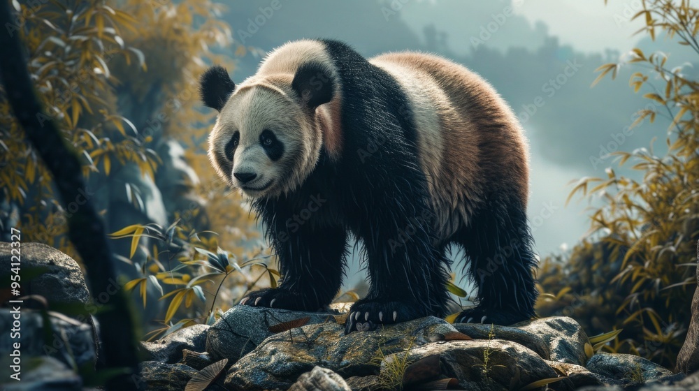 A majestic panda stands on rocky terrain surrounded by lush greenery ...