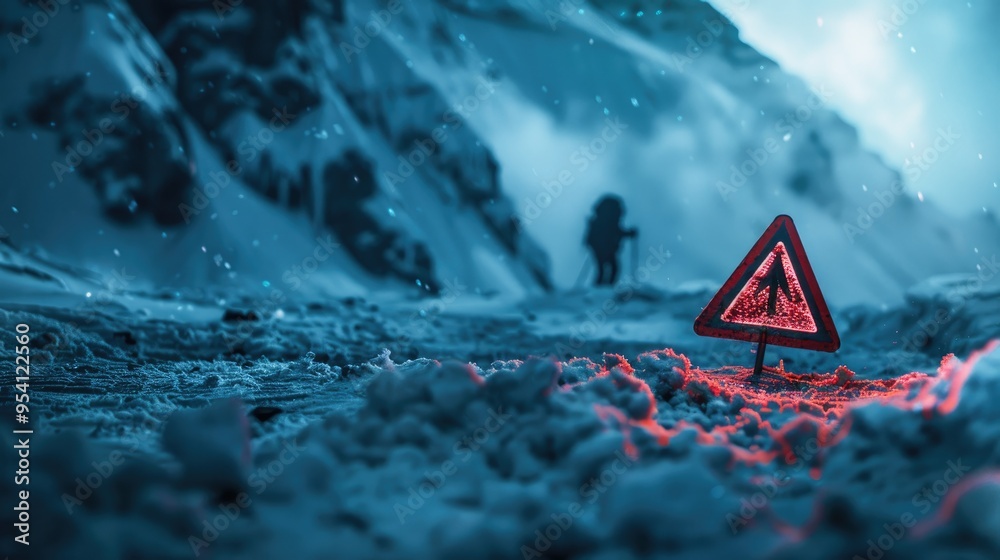 Avalanche warning sign resting on the ground following an avalanche ...