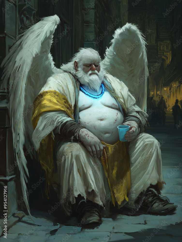 Fat white angel dressed in a dirty and torn white robe, with tattered ...