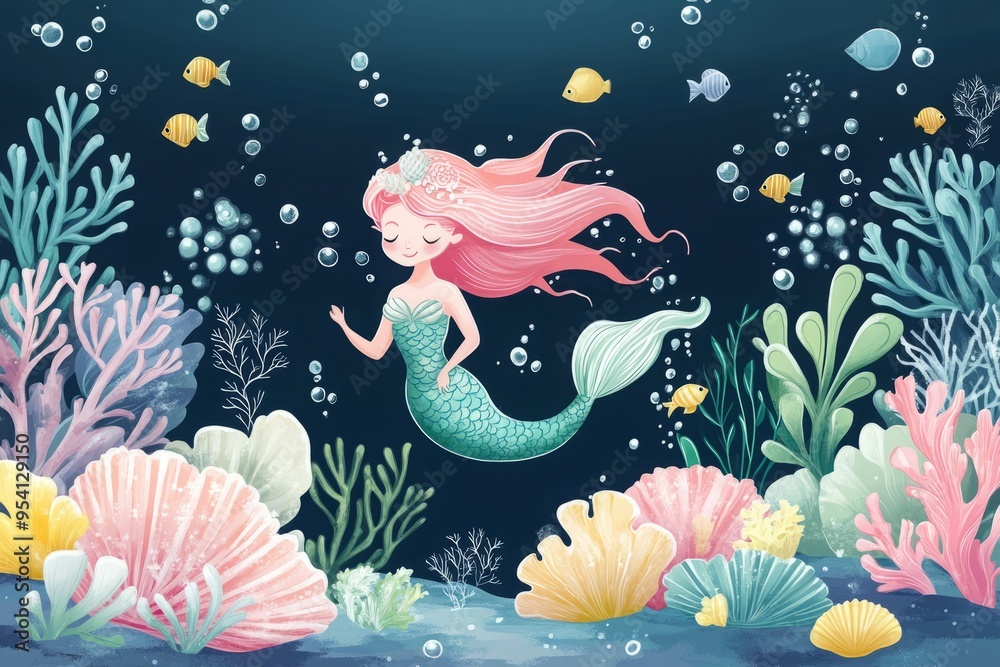 cute illustration of Underwater mermaid kingdom with shimmering ...