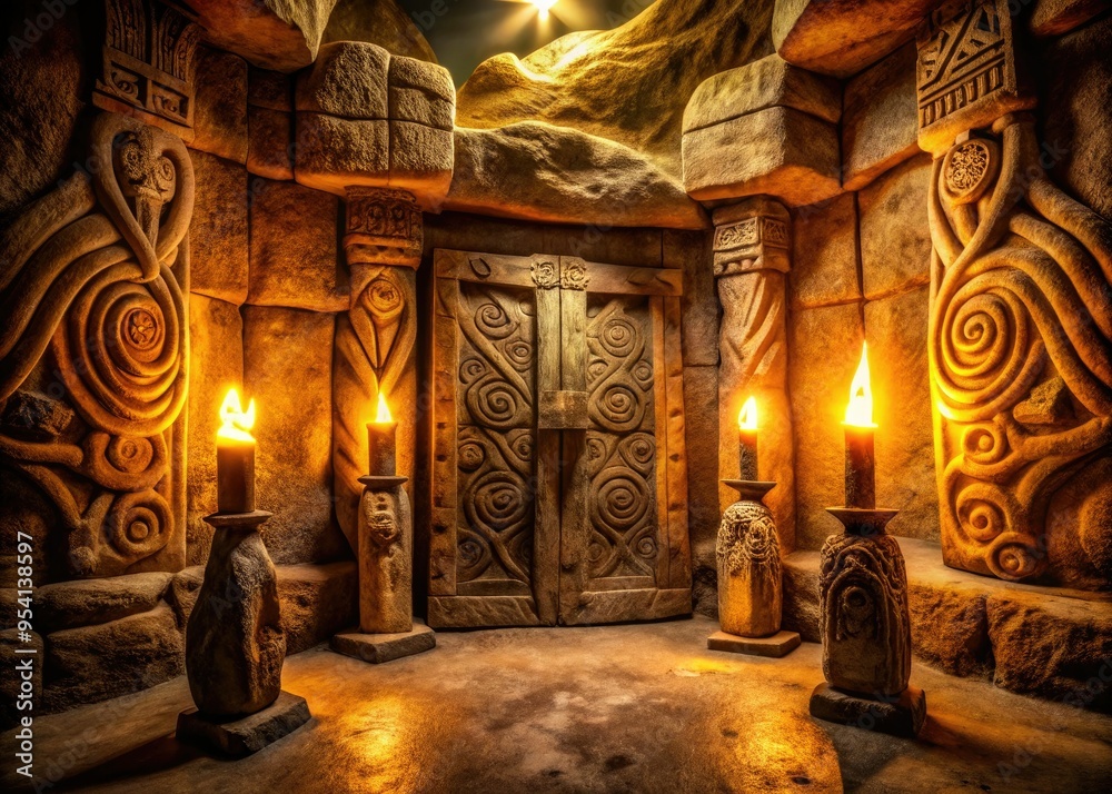 massive stone doors with ancient carvings guarding entrance to mystical ...