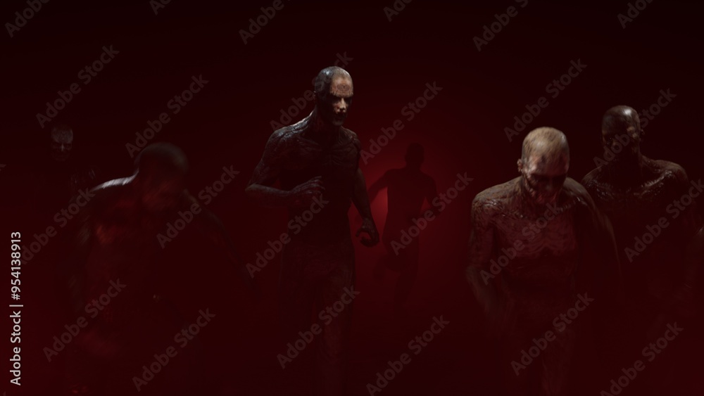 attacking dead are running towards you in a bloody fog, zombie ...