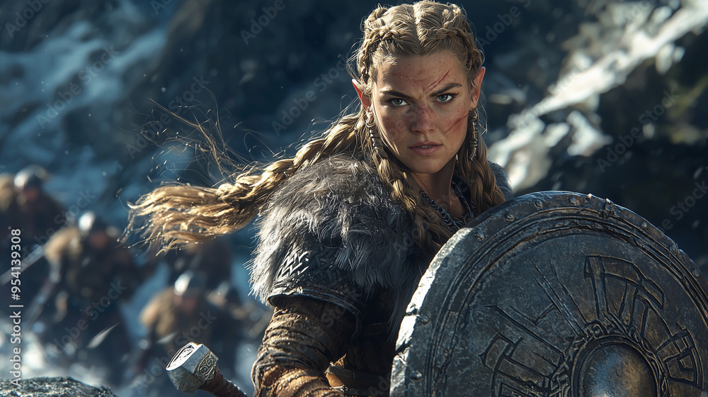 intense dwarf female warrior with braided hair and weathered armor ...