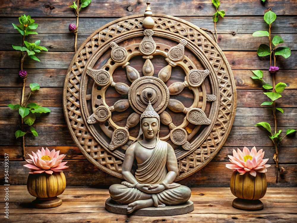 Intricately carved stone statue of the Dharma wheel, surrounded by ...