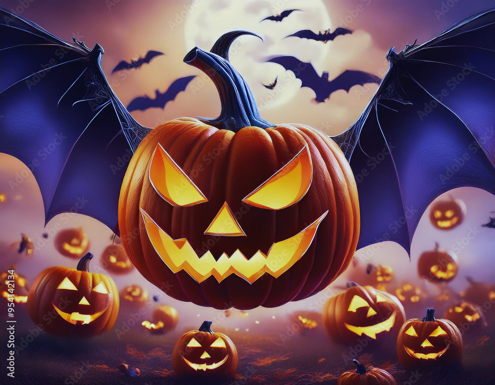 Flying Jack O Lantern with Bat Wings above Lit Jack O Lanterns at Night ...