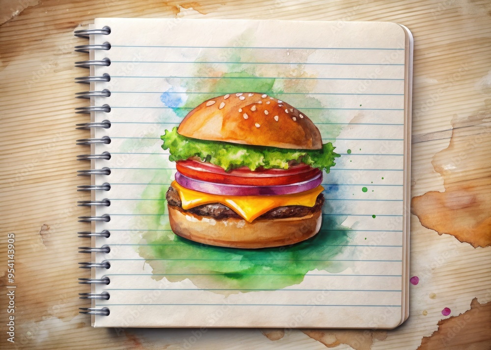 watercolor hamburger icon on lined notebook page with soft blended ...