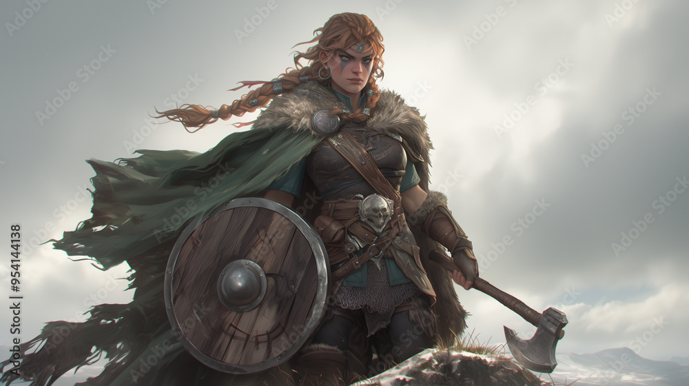 determined dwarven shieldmaiden standing atop a cliff overseeing a battle with her shield and ...