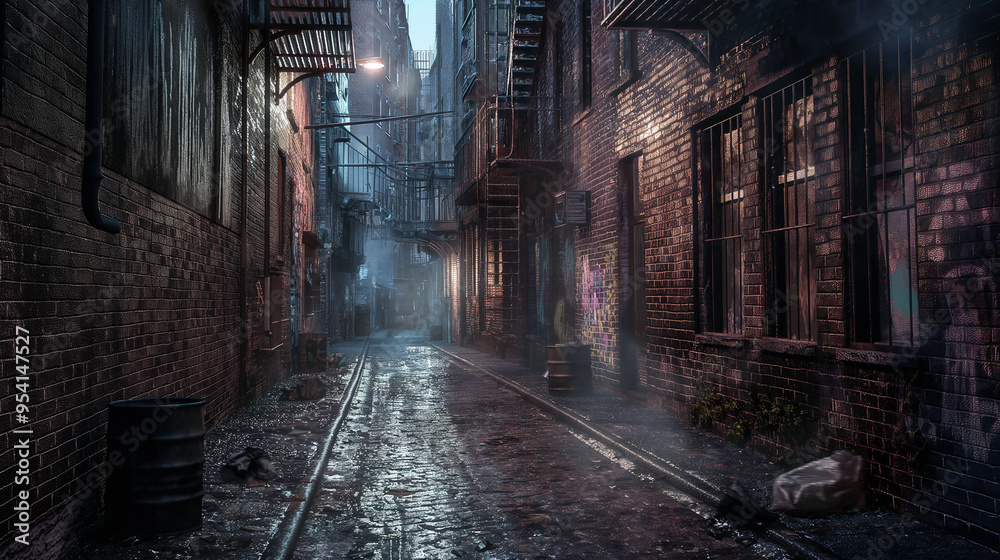 Narrow, dimly lit alleyway at night in an urban environment, featuring ...