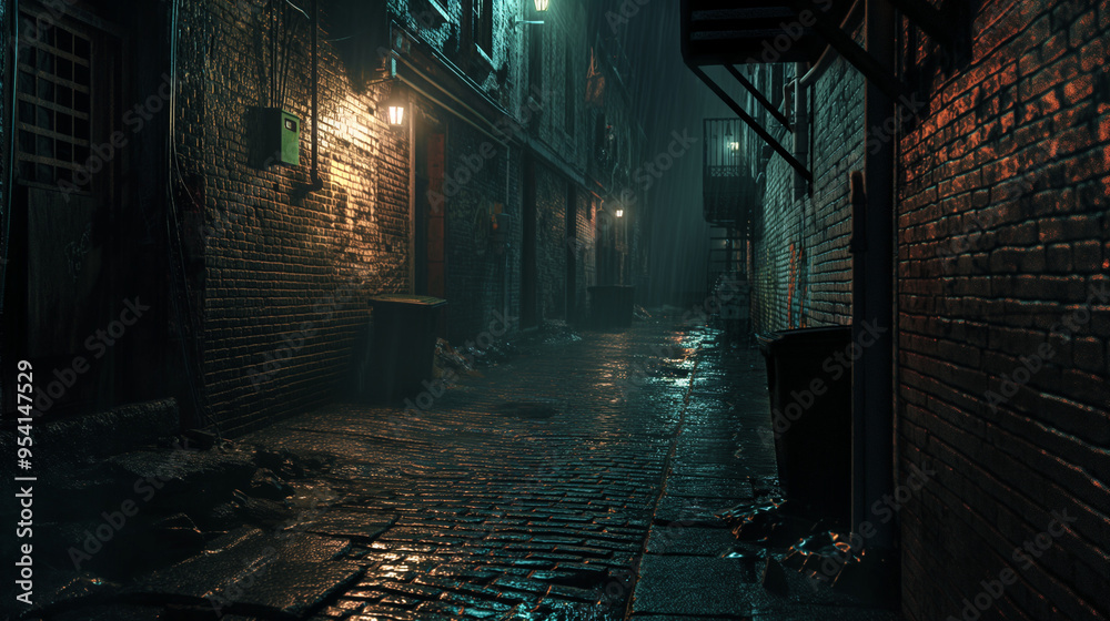 Narrow, dimly lit alleyway at night in an urban environment, featuring ...