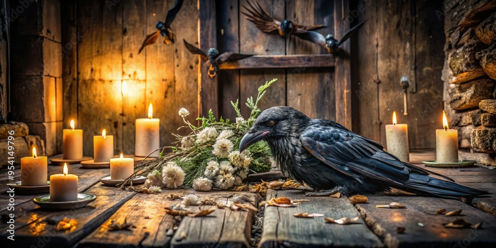 forgotten raven carcass on worn wooden table amidst old candles melting ...