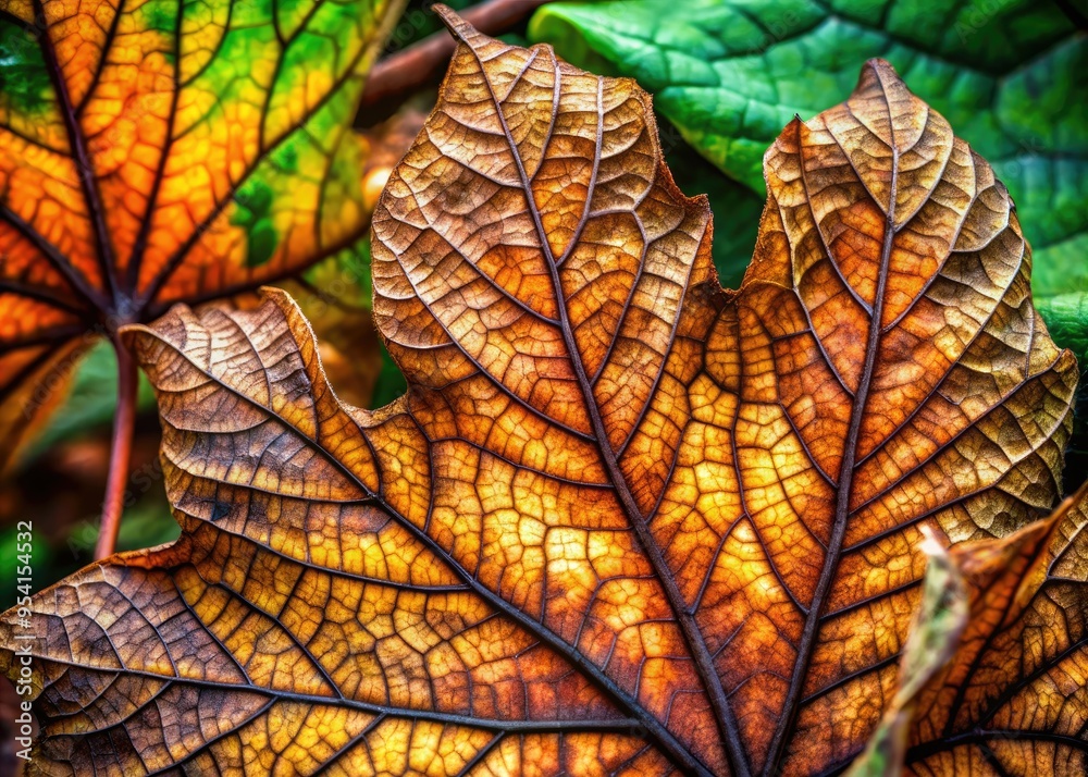 withered autumn leaves crumbling dried veins contrasting with lush ...