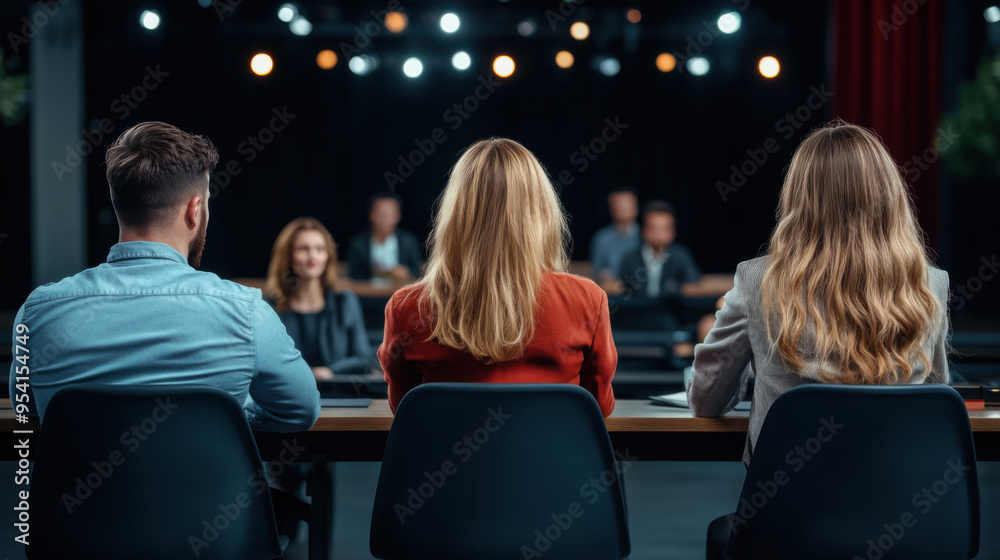 Back view of three judges sitting at a table, facing contestants on a ...