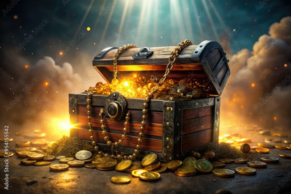 Dramatic 3D visualization of overflowing treasure chest with glinting ...