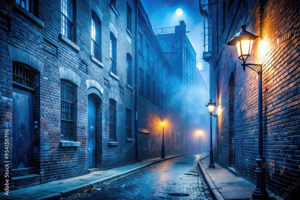 moody industrial cityscape of a gritty urban alleyway with faded blue ...