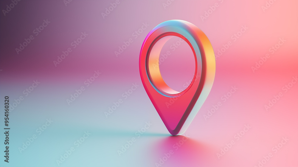 Reflective pink location icon placed on textured map with blurred bokeh ...