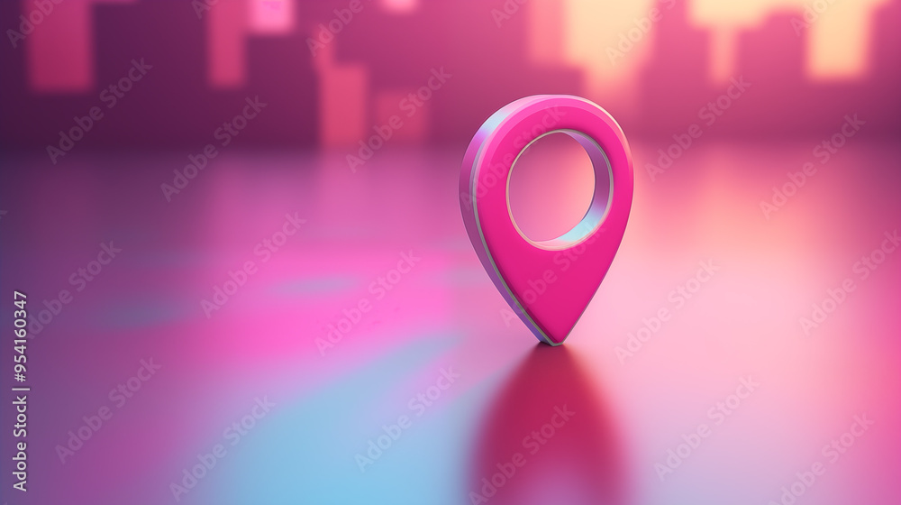 Reflective pink location icon placed on textured map with blurred bokeh ...