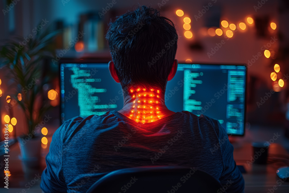 A person struggling with a stiff neck while working at a computer ...