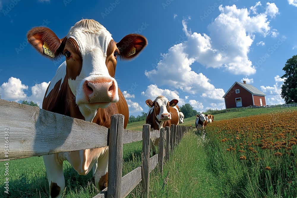 Farm Cow Jersey, Feeding, and Farmer depicted in a traditional farm ...